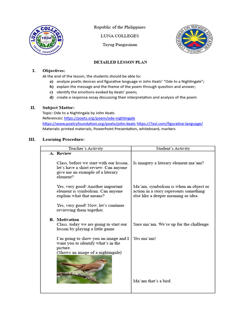 Detailed Lesson Plan Ode To A Nightingale by John Keats | PDF | John ...