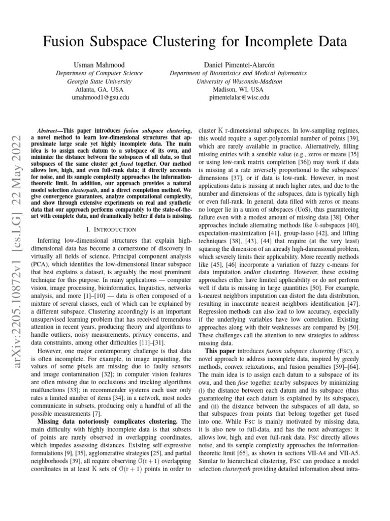 Fusion Subspace Clustering For Incomplete Data | PDF | Cluster Analysis | Principal Component ...