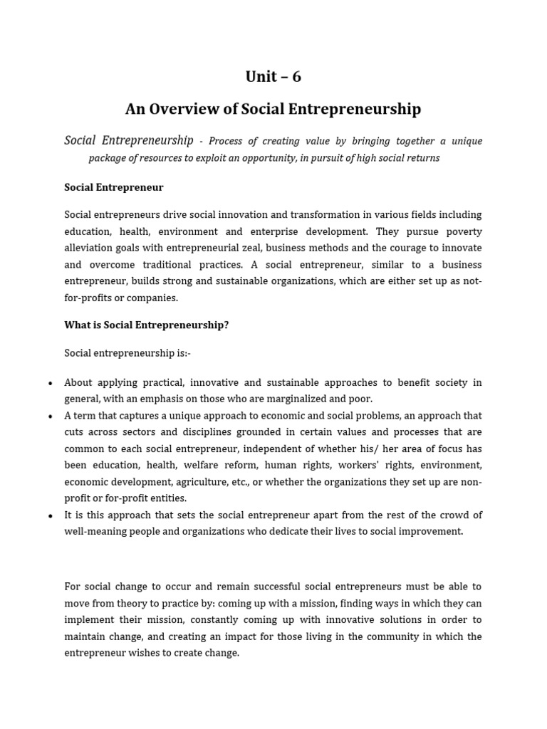 UNIT 6 An Overview of Social Entrepreneurship | PDF | Entrepreneurship ...
