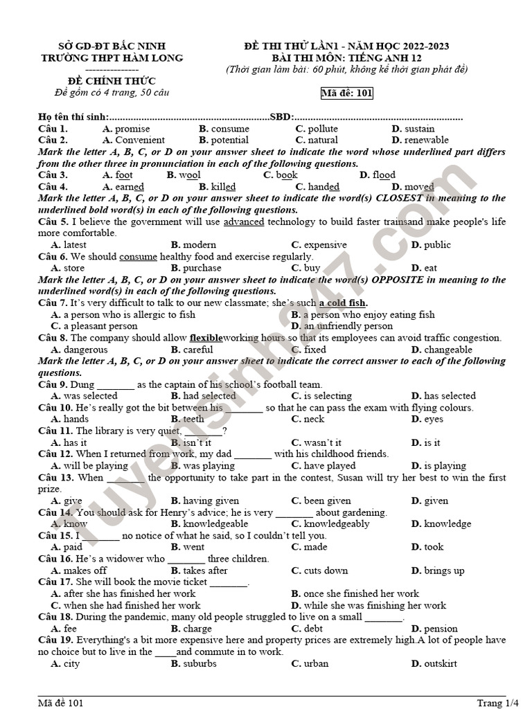 De Thi Thu Mon Anh Tot Nghiep THPT 2023 Lan 1 THPT Ham Long | PDF | University | Species