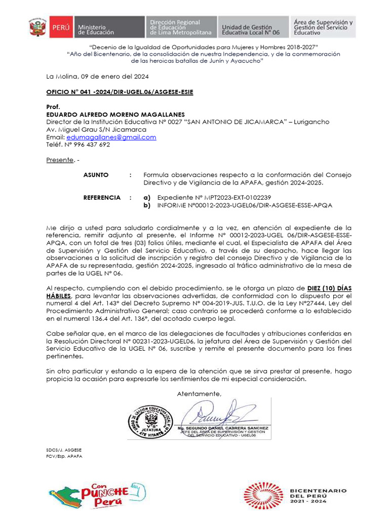 Oficio #041-2024-Asgese-Apafa - A Ie #0027 San Antonio de Jicamarca - Formulacion de Obs. Sobre ...