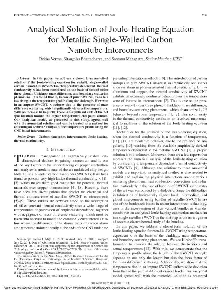 Analytical Solution of Joule-Heating Equation For Metallic Single-Walled Carbon Nanotube ...