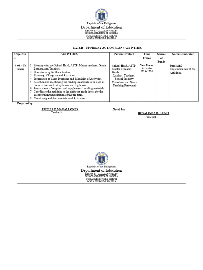 Catch - Up Friday Action Plan Activities | PDF