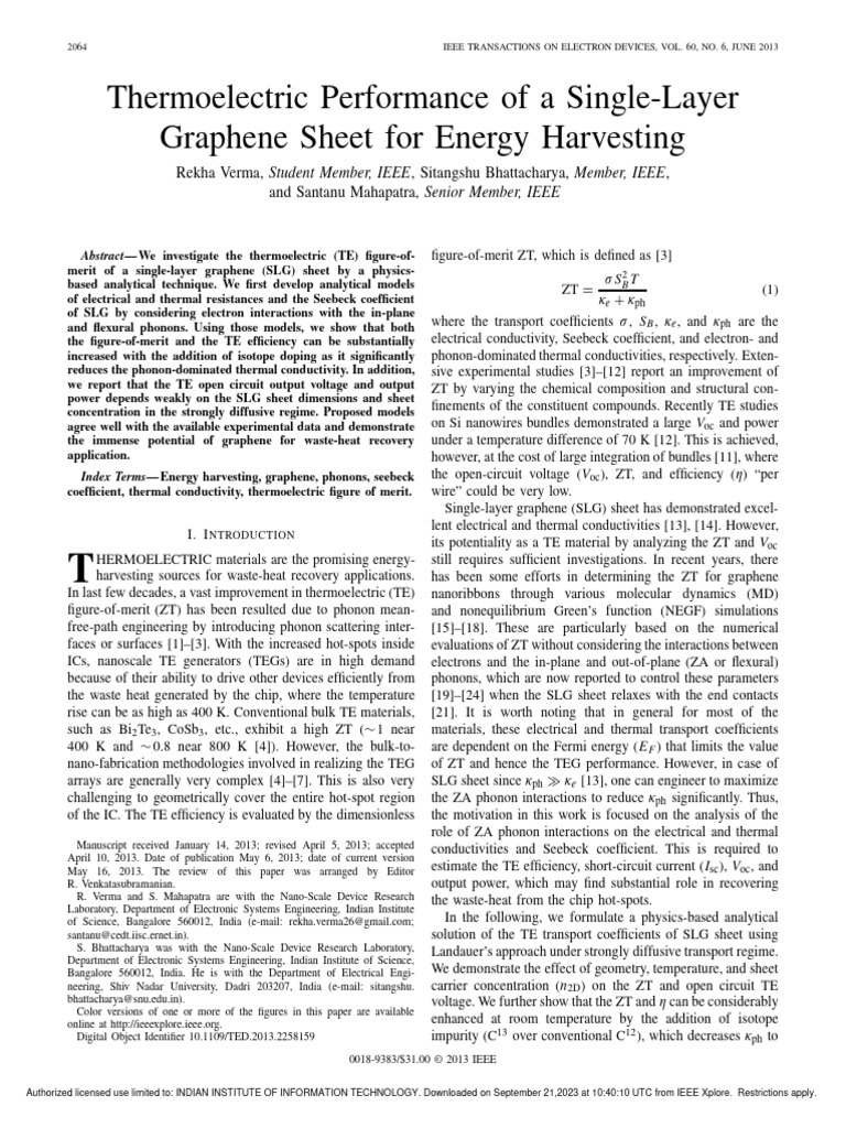 Thermoelectric Performance Of A Single Layer Graphene Sheet For Energy