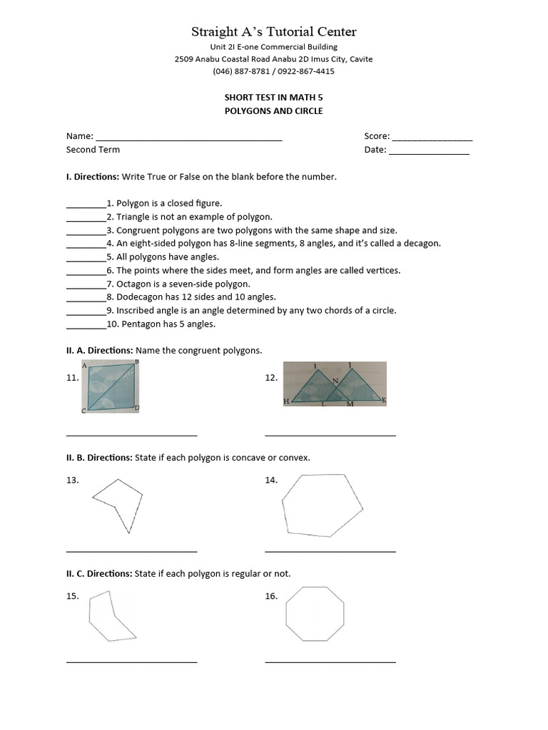 Math-5-Short-Test-Polygons-and-Circle (Answer Key) | PDF