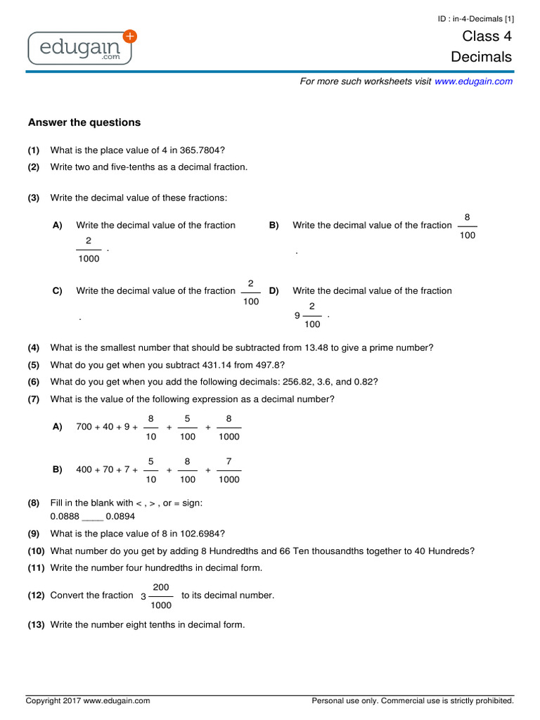 Grade 4 Decimals in | PDF | Numbers | Decimal
