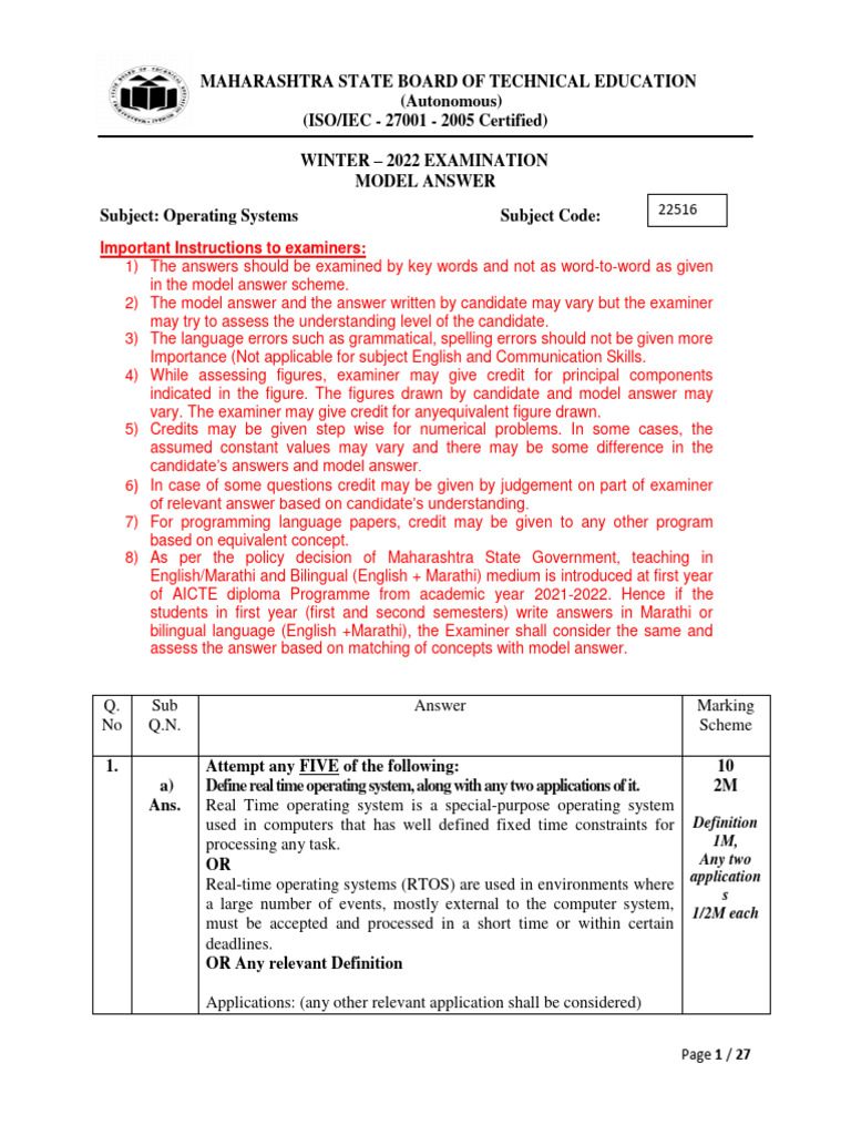 Important Instructions To Examiners:: Define Real Time Operating System, Along With Any Two ...