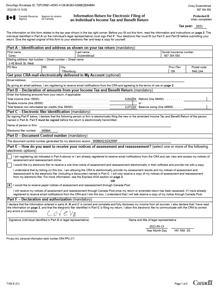 358 T1 2021 Corey - Duizendstraal T183 | PDF | Tax Refund | Taxes
