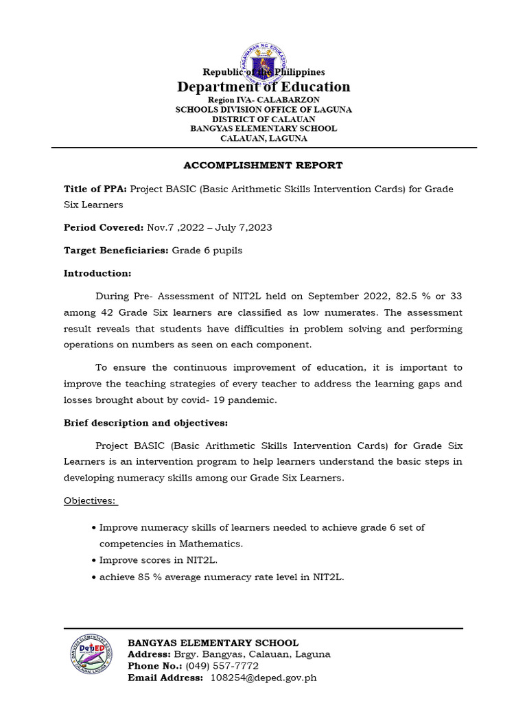 ACCOMPLISHMENT REPORT PROJECT BASIC | PDF | Learning | Behavior Modification