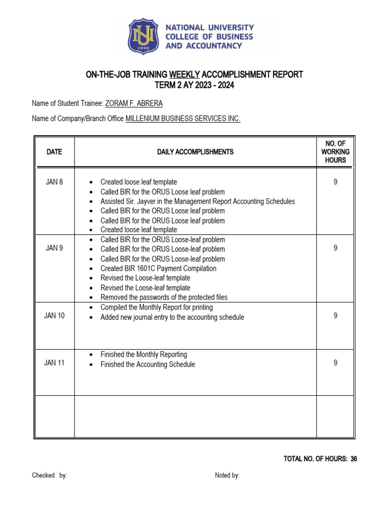 WEEK 4 - OJT Weekly Report Template TERM 2 | PDF