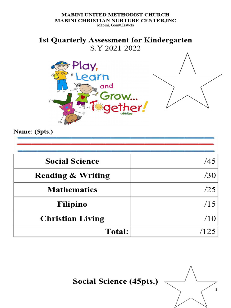 1st QUARTERLY ASSESSMENT Kindergarten | PDF | Language Arts & Discipline