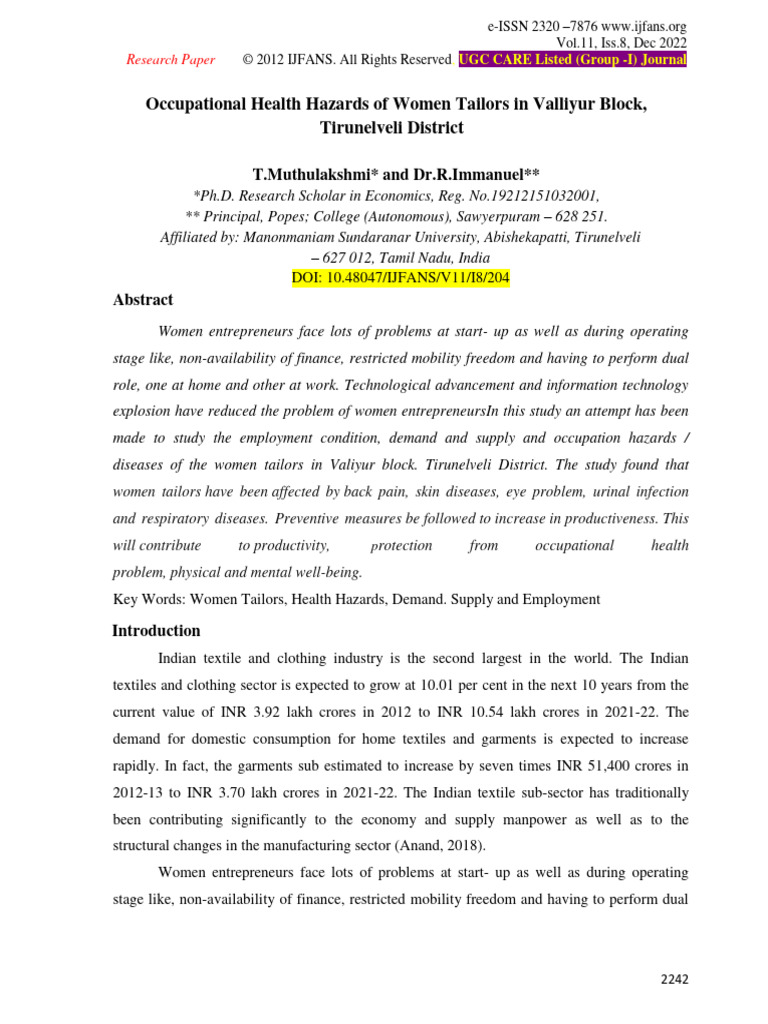 Occupational Health Hazards of Women Tailors in Valliyur Block ...