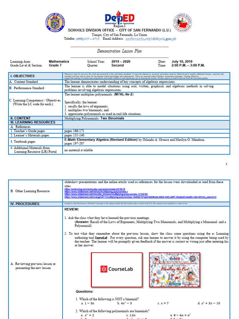 Lesson Plan On Multiplying Two Binomials | PDF | Learning | Curriculum