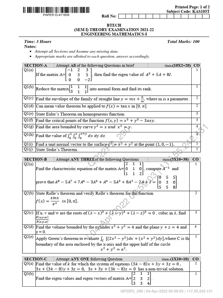 Engineering Mathematics-I Exam Paper | PDF | Eigenvalues And ...