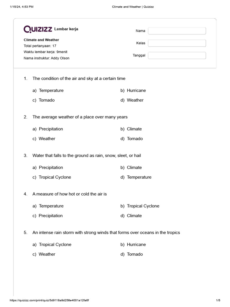 Climate and Weather - Quizizz | PDF | Tropical Cyclones | Weather