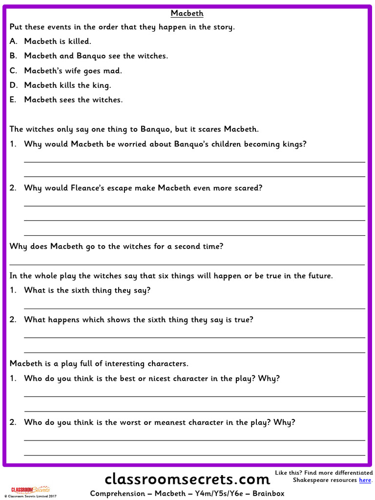 Macbeth Comprehension 1 | PDF | Macbeth | Shakespearean Tragedies