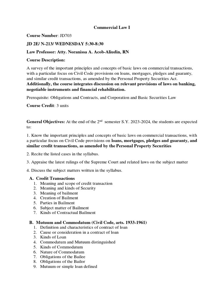 Commercial Laws I Syllabus | PDF | Guarantee | Loans