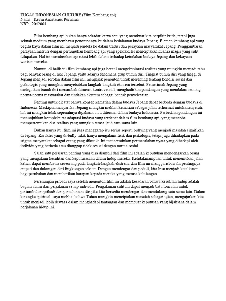 TUGAS INDONESIAN CULTURE (Film Kembang Api) | PDF