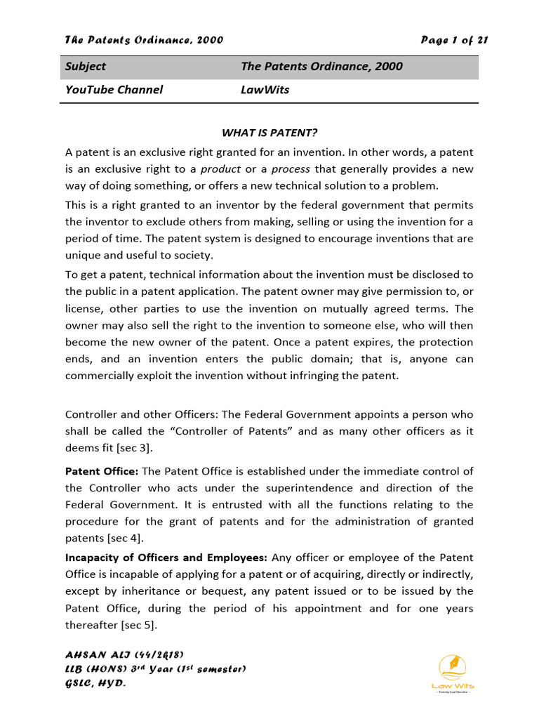 The Patents Ordinance 2000 | PDF | Patent | Glossary Of Patent Law Terms