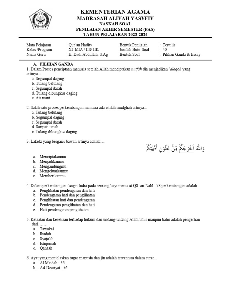 Soal Pas Qurdis Kelas 11 2023 | PDF