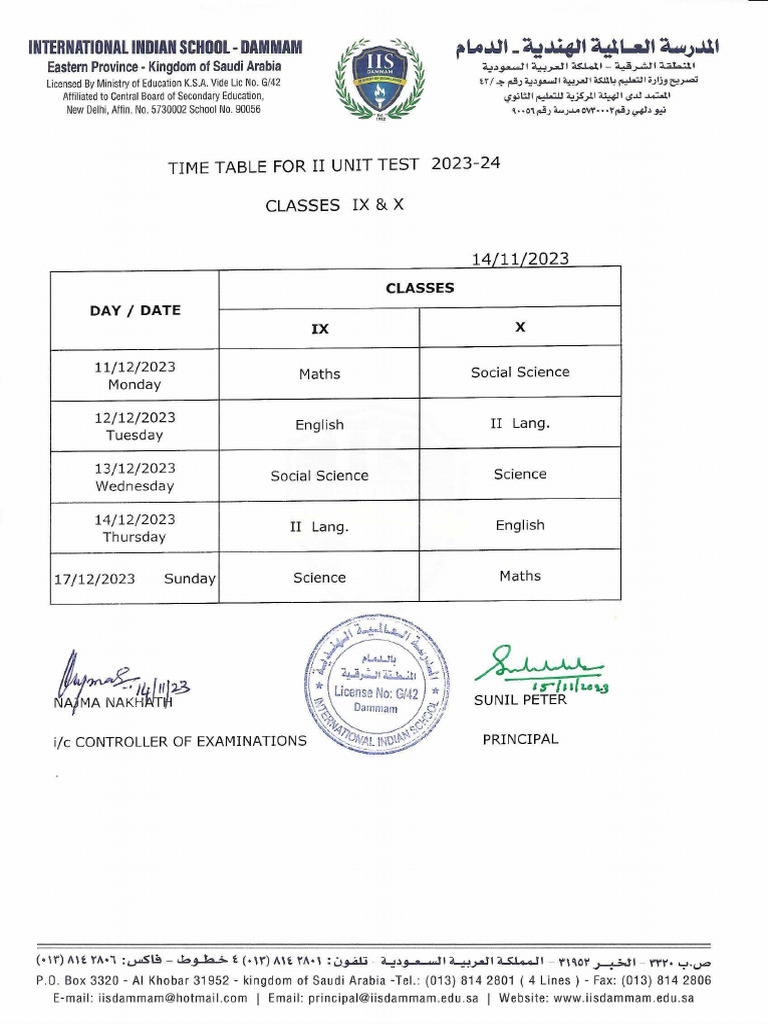 Timetable Unit Test II IX X | PDF