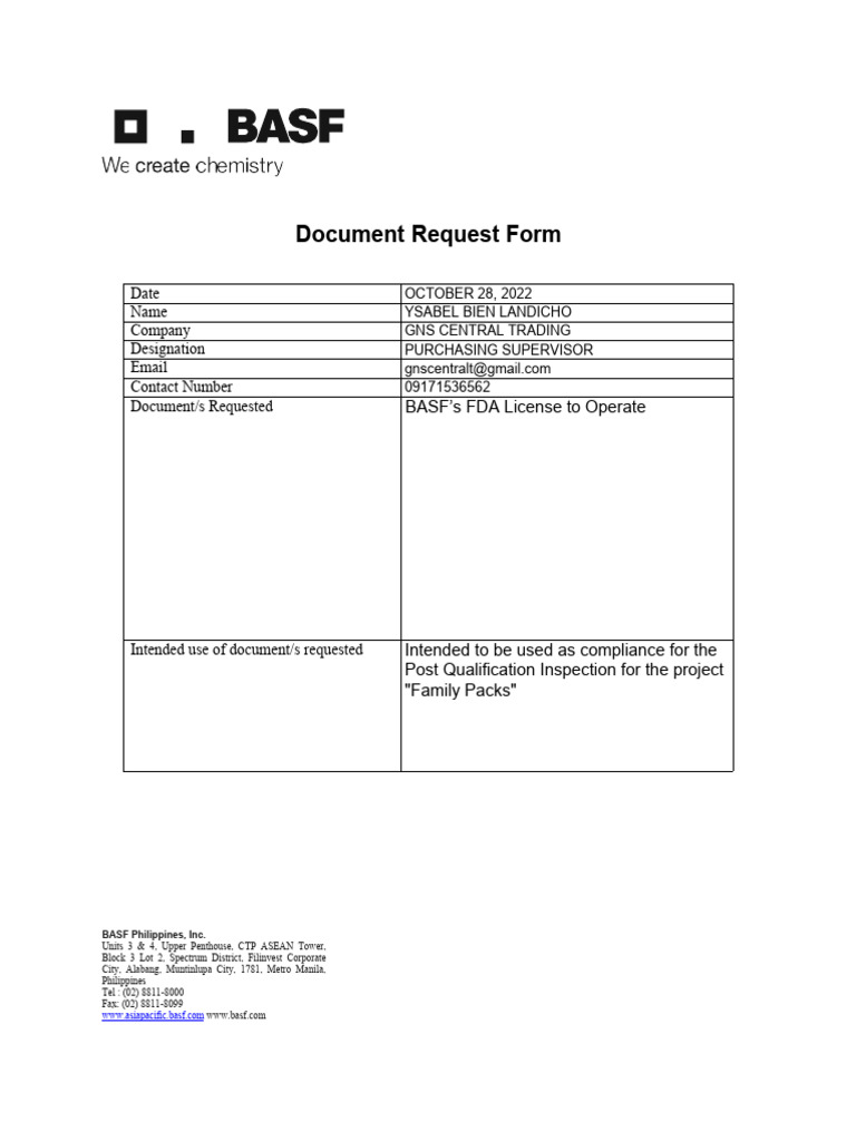BASF Document Request Form | PDF