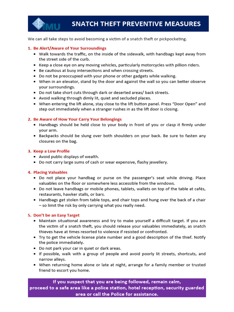 Snatch Theft Prevention Tips | PDF | Elevator | Handbag