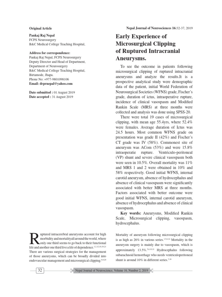 Early Experience of Microsurgical Clipping of Ruptured Intracranial ...