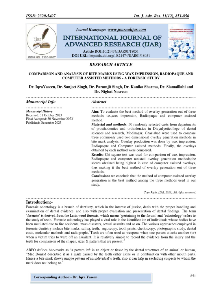 COMPARISON AND ANALYSIS OF BITE MARKS USING WAX IMPRESSION, RADIOPAQUE ...