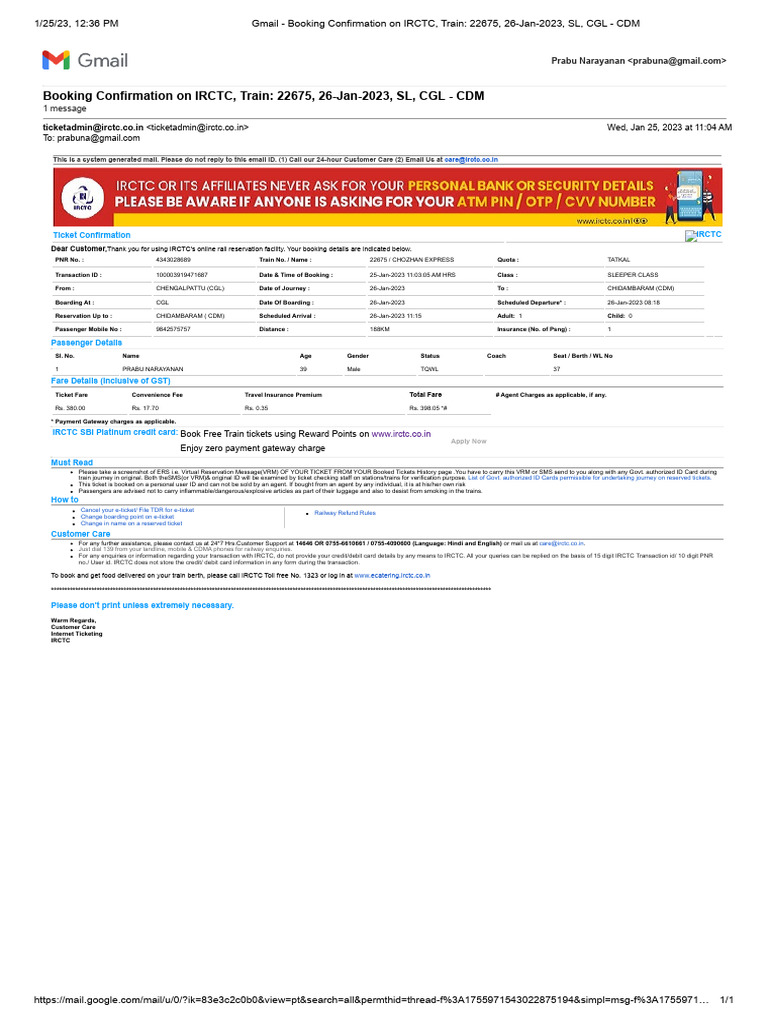 Gmail - Booking Confirmation on IRCTC, Train_ 22675, 26-Jan-2023, SL, CGL - CDM | PDF | Credit ...