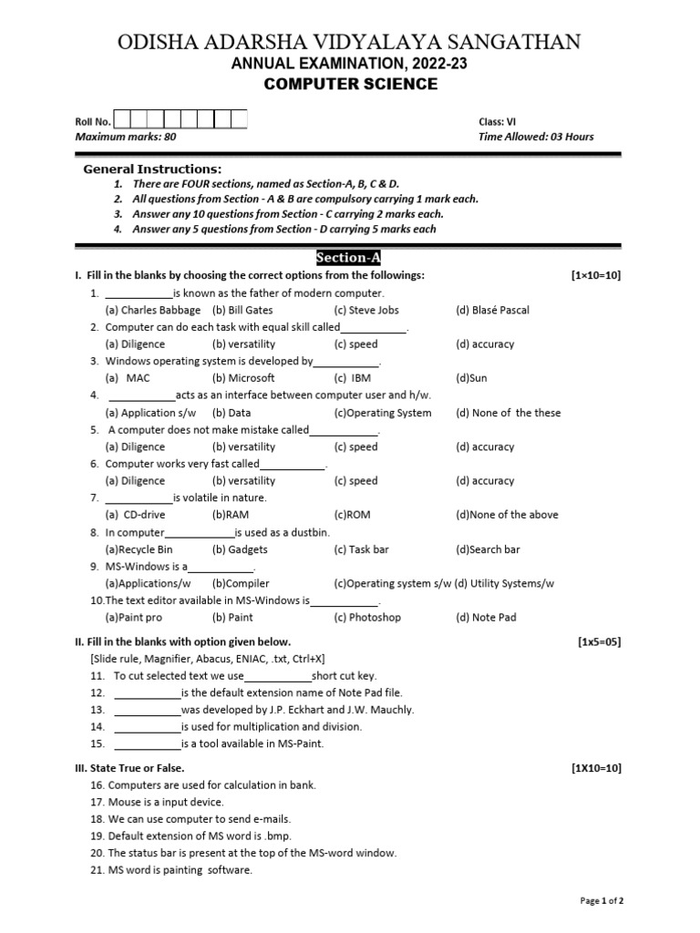 Class VI Annual Exam | PDF | Operating System | Microsoft Word