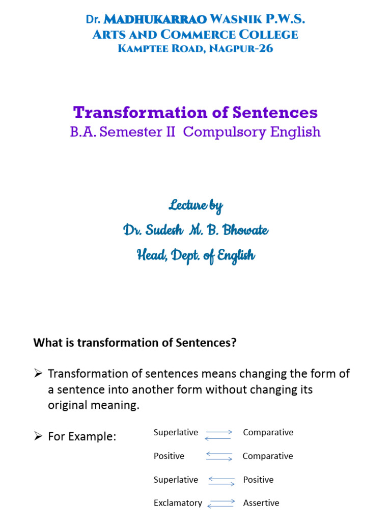 Transformation of Sentenses B.A. Sem II by Dr. Sudesh Bhowate | PDF ...