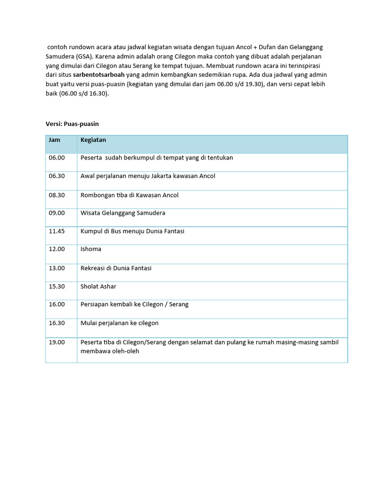 Contoh Rundown Acara Atau Jadwal Kegiatan Wisata Dengan Tujuan Ancol | PDF