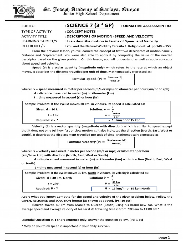 Formative Assessment 3 | PDF | Speed | Velocity