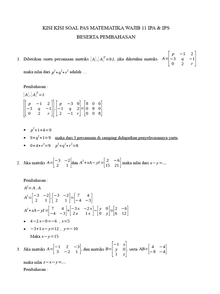 Kisi-Kisi Matematika Wajib | PDF