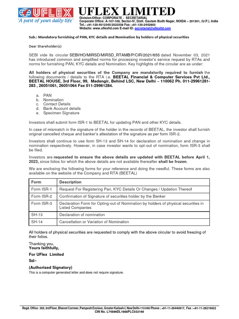 UFlex Mandotry KYC Letter | PDF | Securities (Finance) | Banks