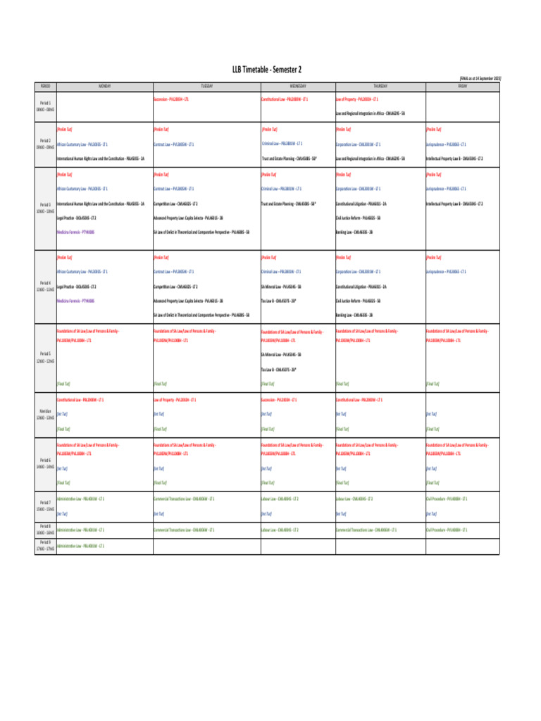 LLB Semester 2 Timetable 2025 | PDF | Private Law | Justice