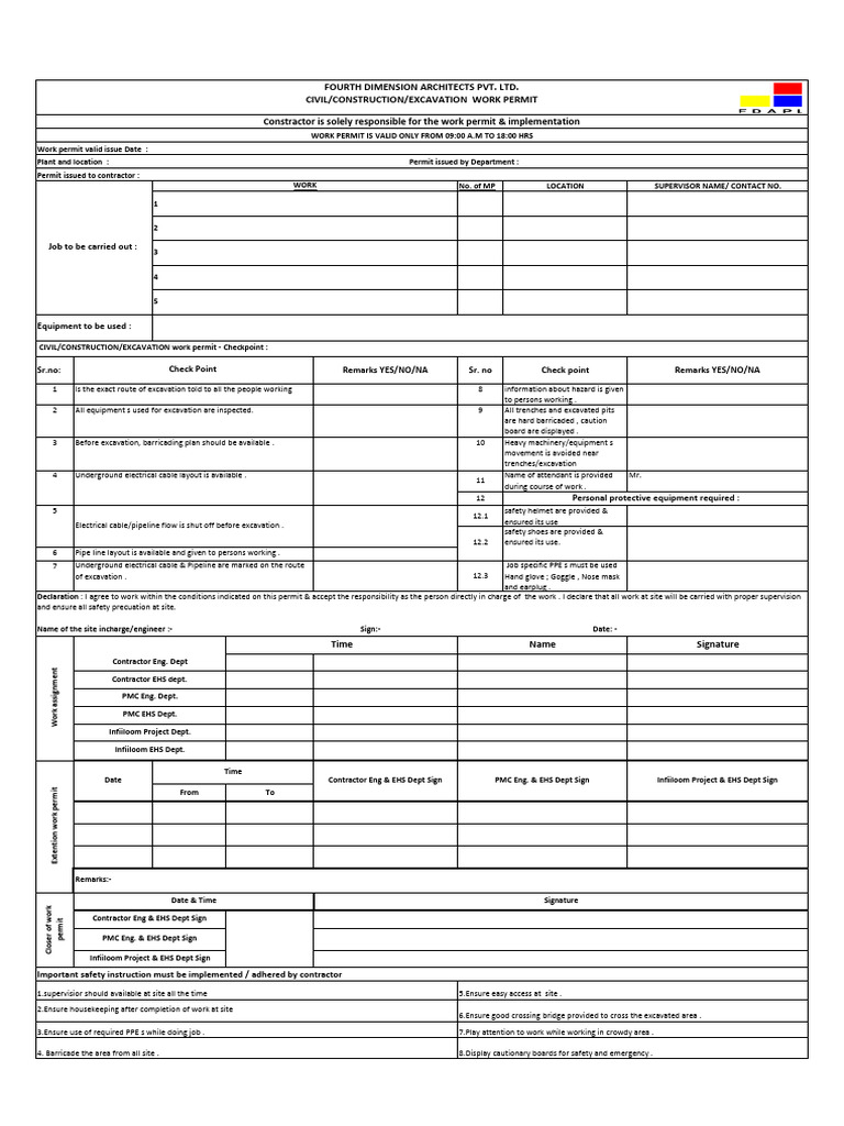 Civil Excavation Work Permit Guidelines | PDF | Personal Protective ...