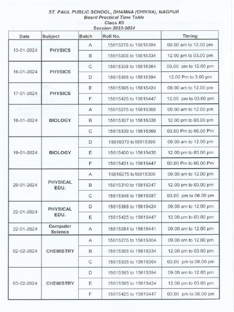 Dhamna Practical Schedule | PDF
