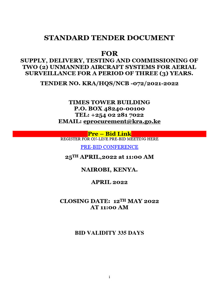 Tender Document For Procurement of Two Unmanned Aircraft Systems For Aerial Surveillance ...