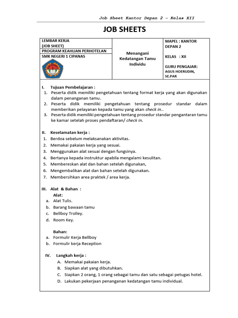 Job Sheet Pas Bellboy | PDF
