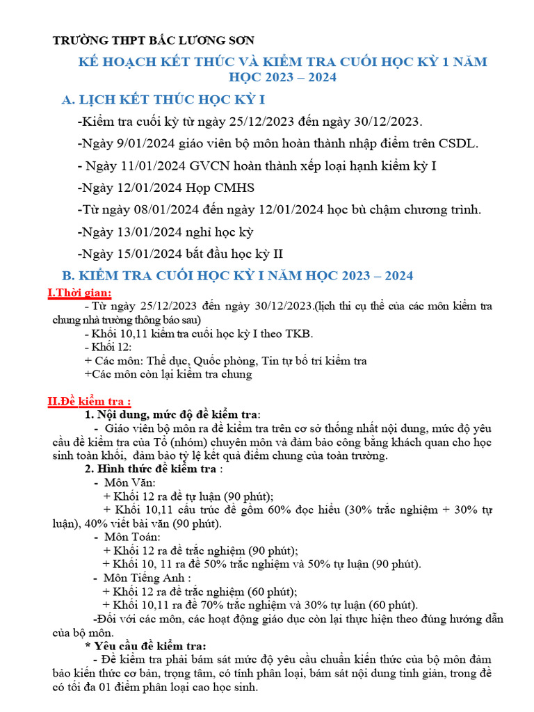 KH kiểm tra và kết thúc học kỳ I năm học 2023 - 2024 | PDF