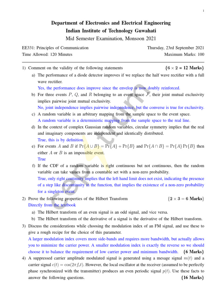 Mid Term 2021 Solutions | PDF | Frequency Modulation | Modulation