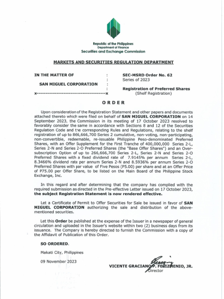 SMC - SEC Order of Effectivity Re Shelf Registration - 9 November 2023 ...