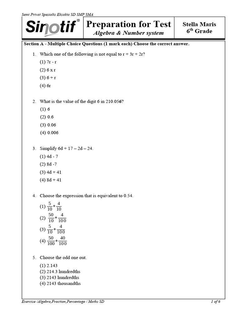 Algebra and Number System Unit Test Stella Marris | PDF | Numbers ...