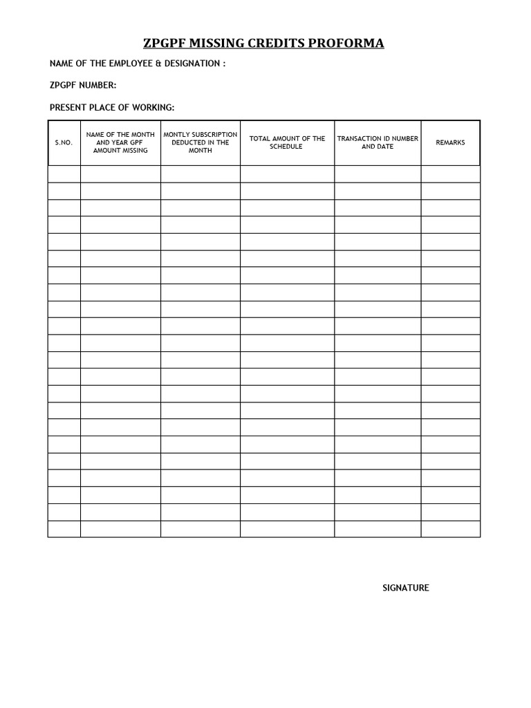 ZPGPF Missing Credits Proforma Template | PDF