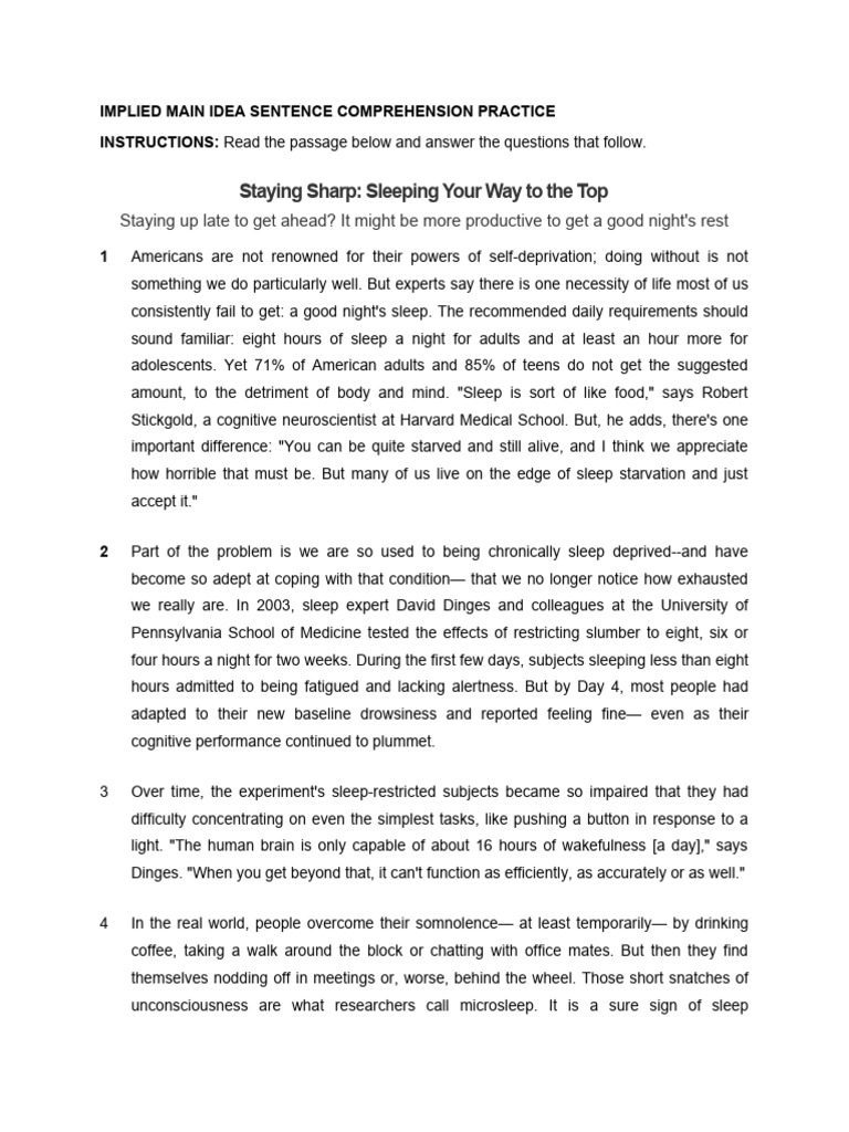 Implied Main Idea Sentence Comprehension Practice Pdf Sleep Sleep