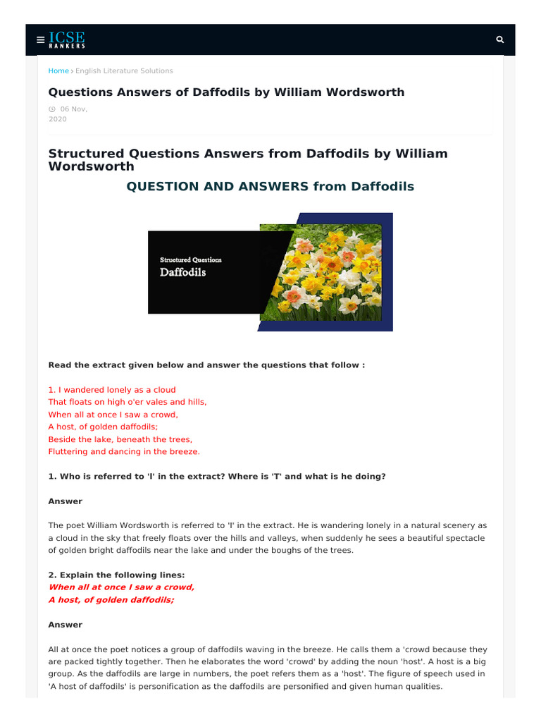 Structured Questions Answers From Daffodils by William Wordsworth | PDF ...