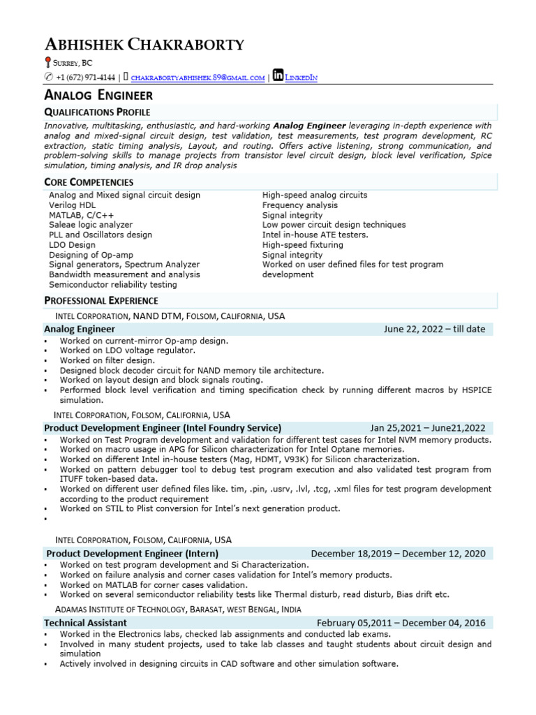 Abhishek Chakraborty Resume | PDF | Electronic Circuits | Hardware Description Language