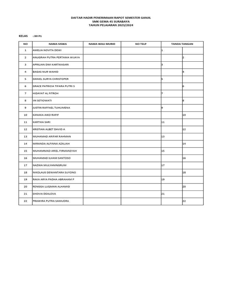 Daftar Hadir Terima Rapot | PDF